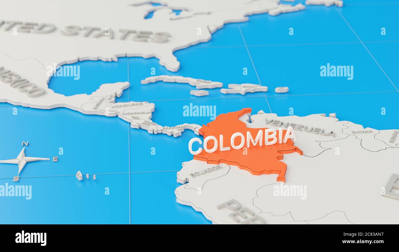 Simplified 3D map of South America, with Colombia highlighted. Digital ...