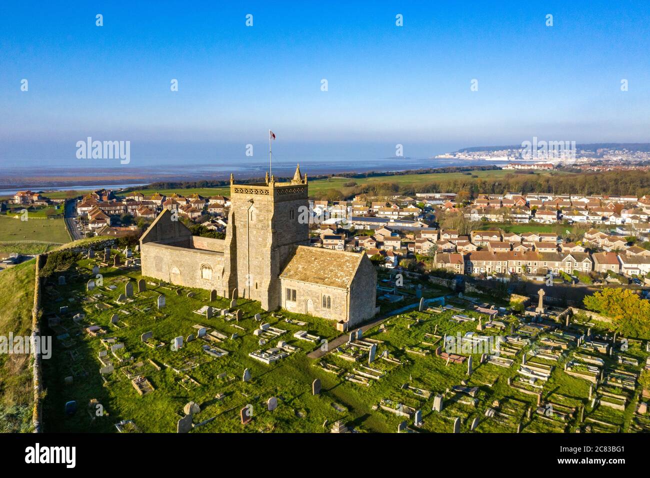 Aerial view of the old church of St Nicholas at Uphill near Weston ...