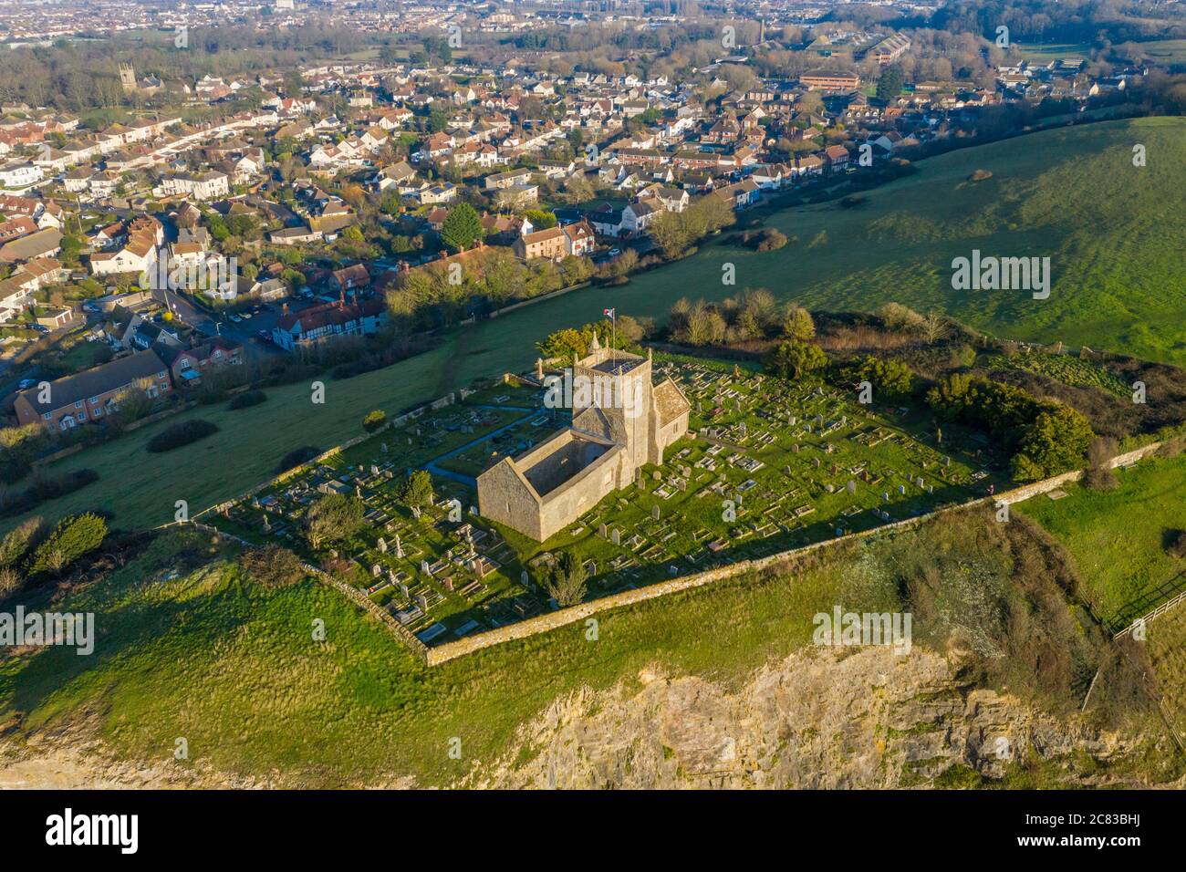 Aerial view of the old church of St Nicholas at Uphill near Weston ...