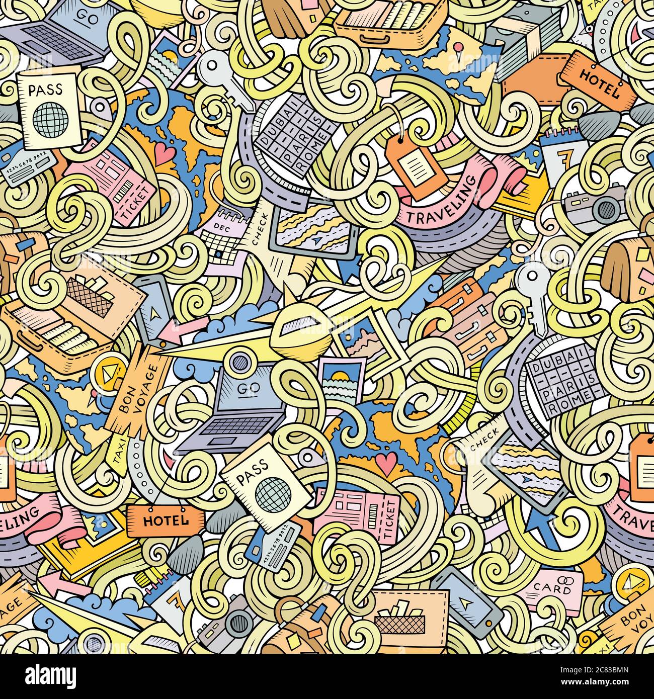 Cartoon doodles travel planning seamless pattern Stock Vector Image ...
