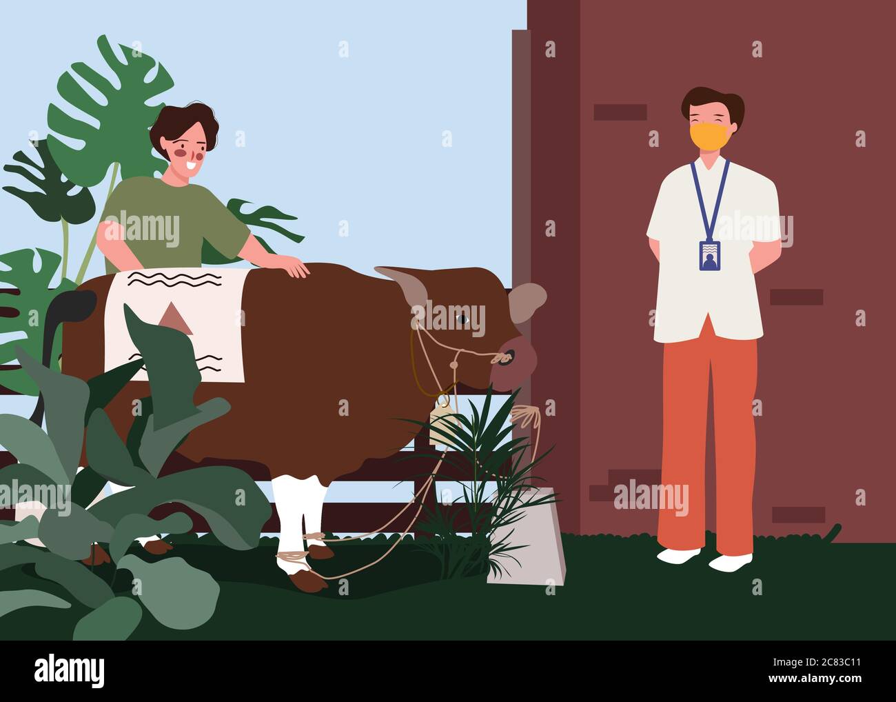 Man carrying cow to vet for medical examination with flat cartoon style ...