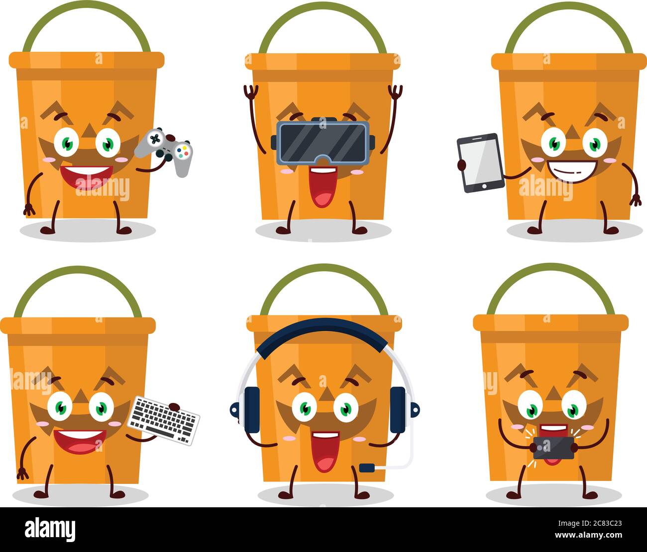 Halloween bucket cartoon character are playing games with various cute ...