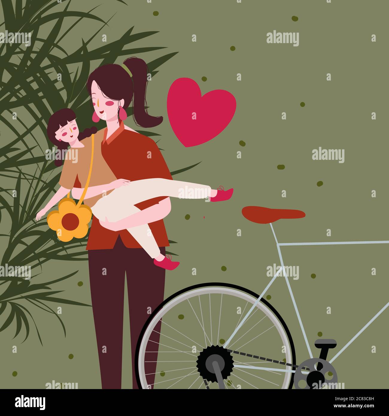 Mother carry child lovingly near bicycle with flat cartoon style Stock ...