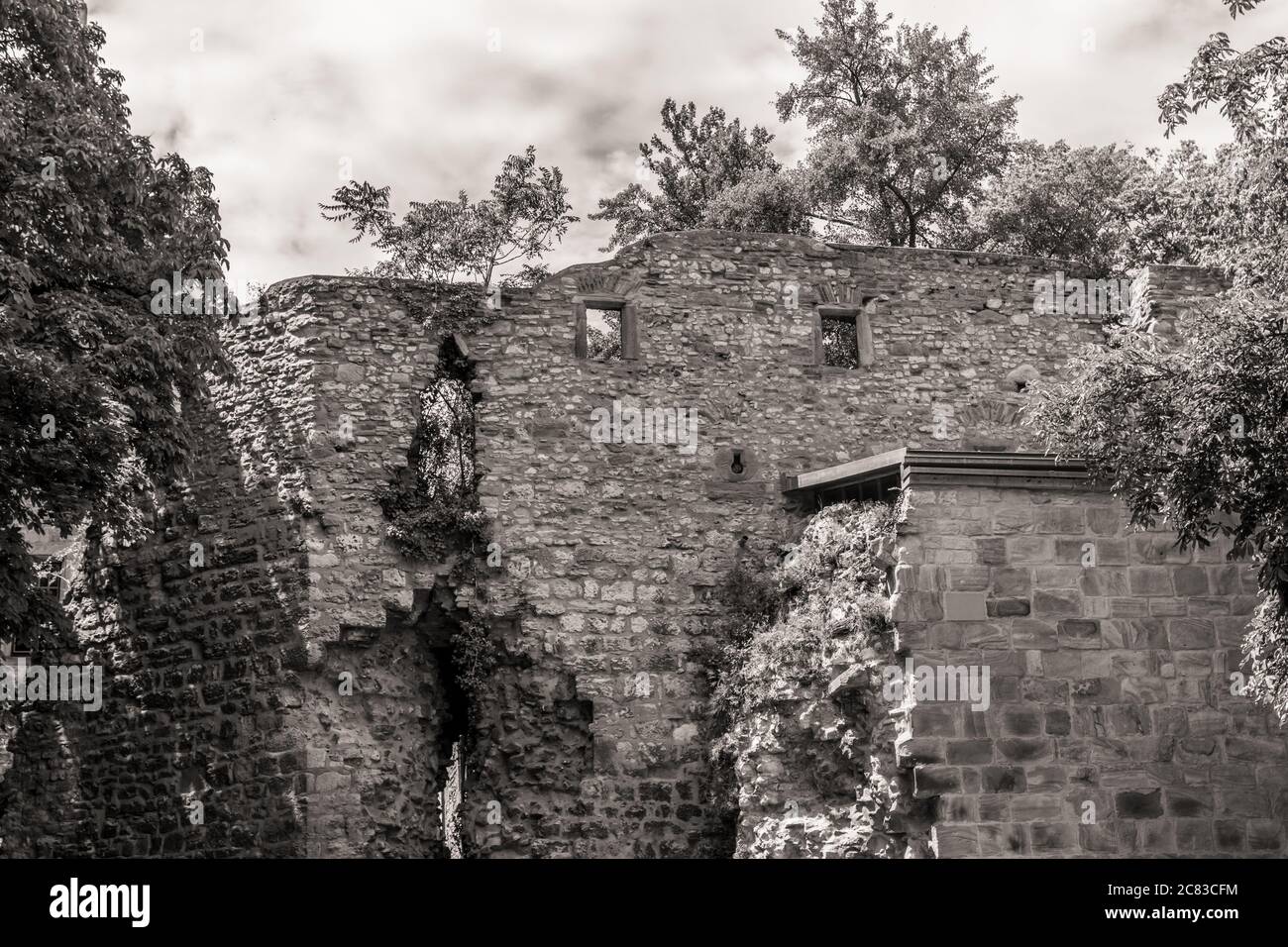 Grayscale shot of ruins of an ancient castle Stock Photo - Alamy