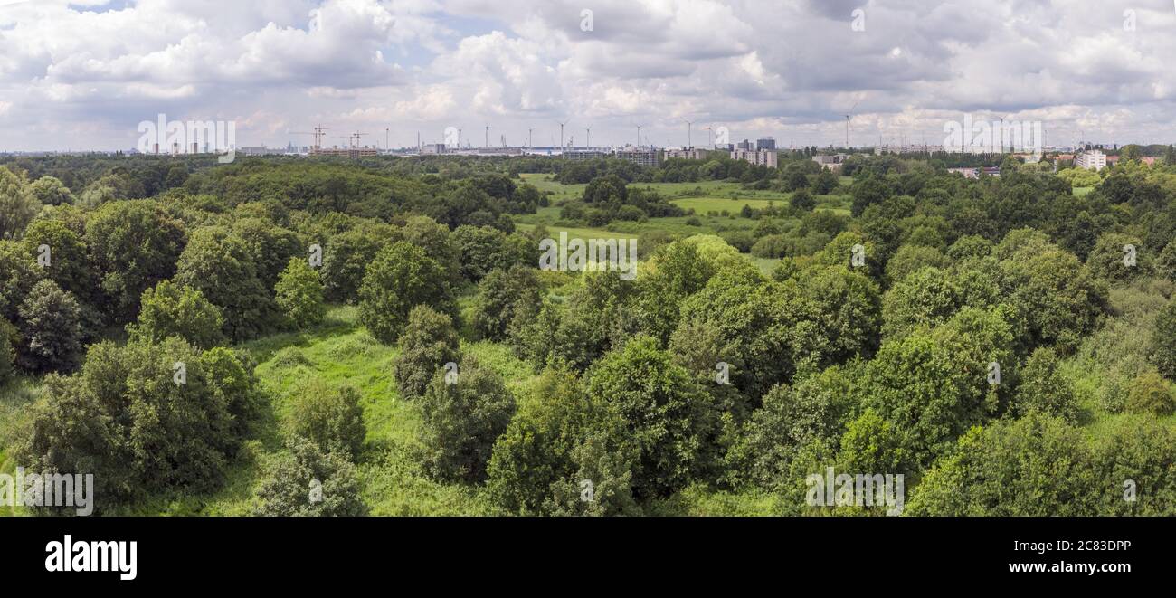 360 aerial panorama over Oude Landen nature park in Ekeren, with ...