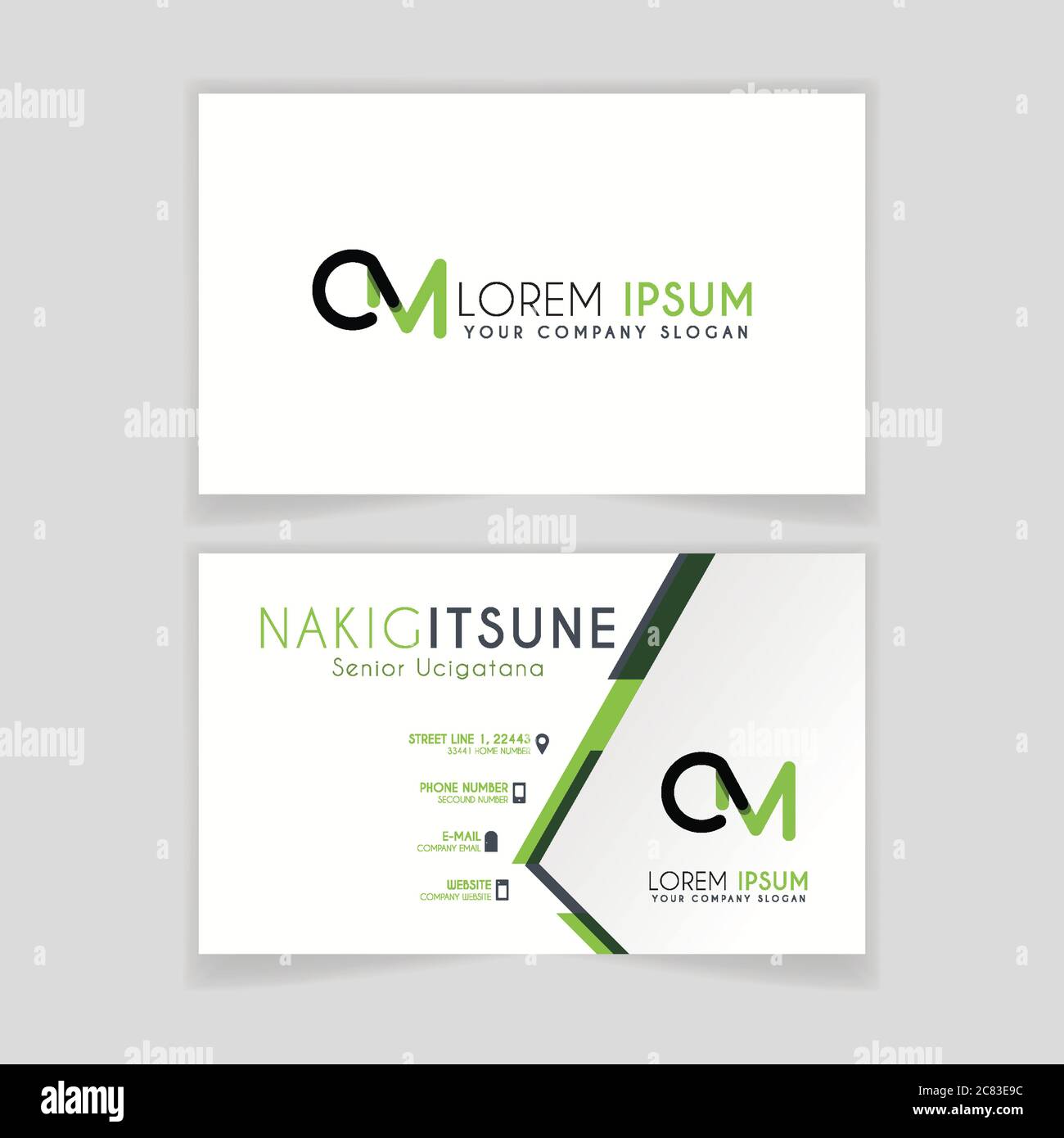 Simple Business Card with initial letter CM rounded edges with green ...