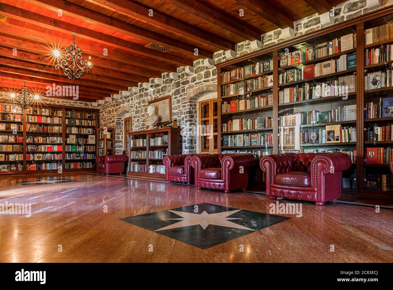Budva, Montenegro - May 30, 2019: Wood and brick interior of the ...