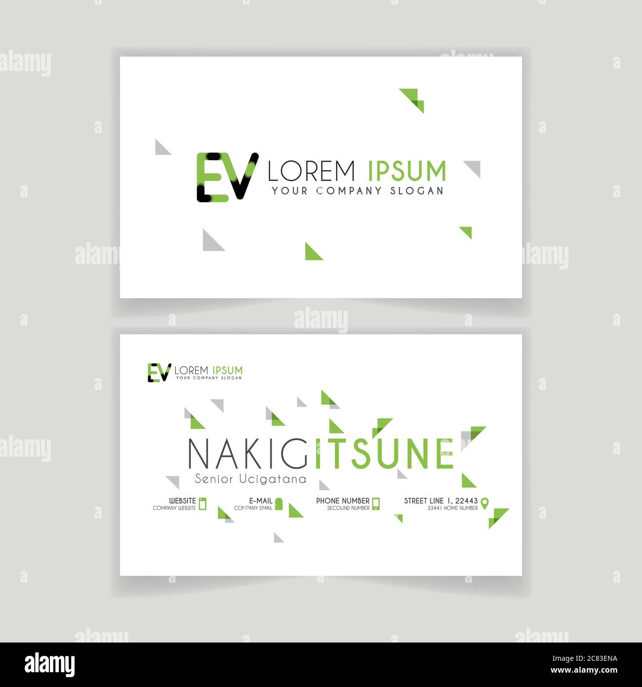 Simple Business Card with initial letter EV rounded edges with green ...