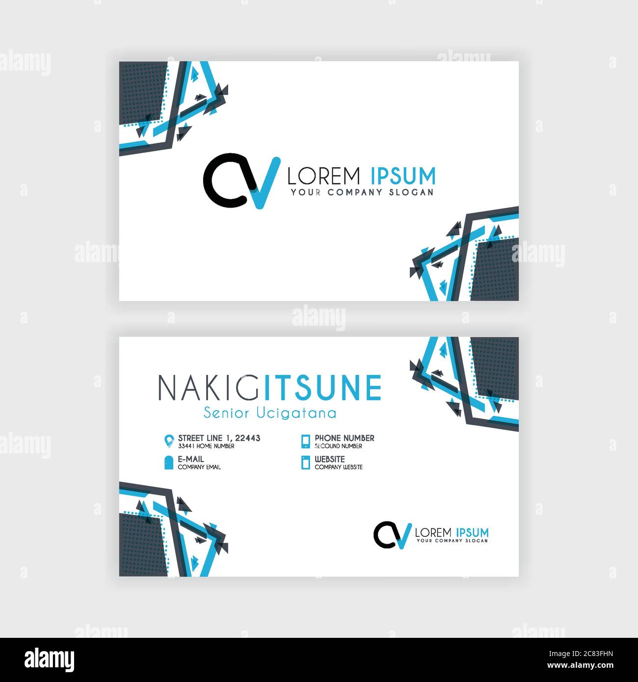 Simple Business Card with initial letter CV rounded edges with a blue ...