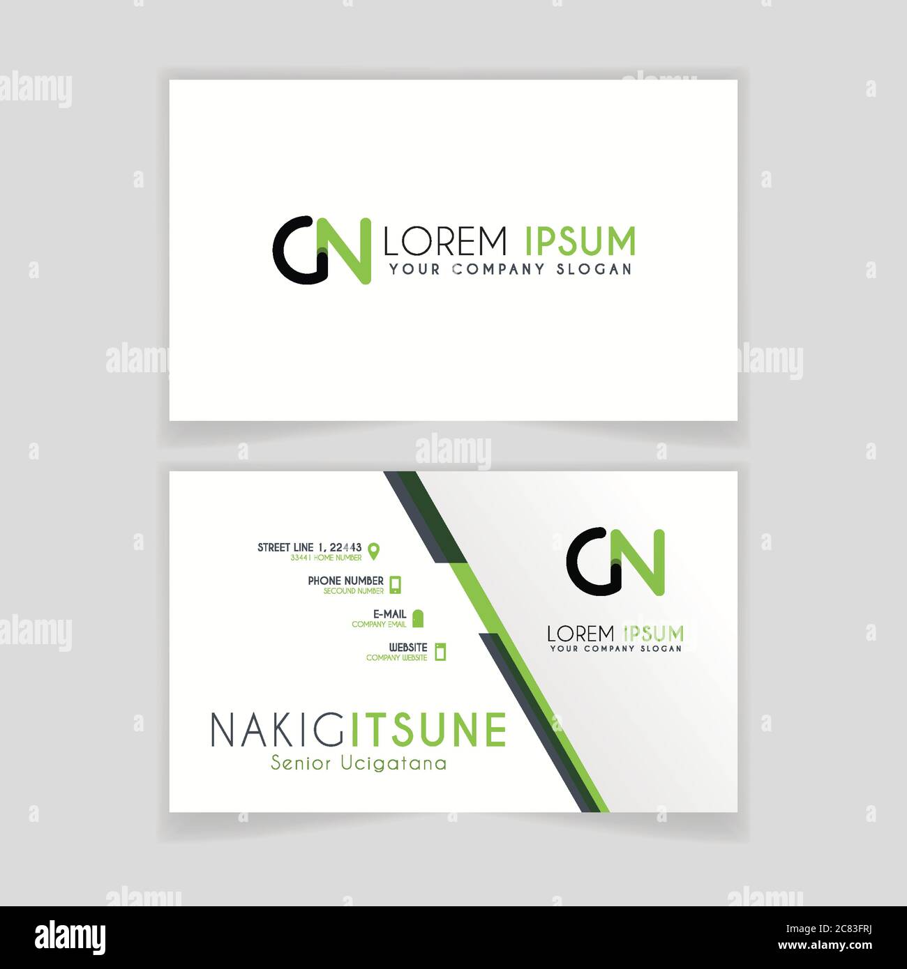 Simple Business Card with initial letter CN rounded edges with green ...