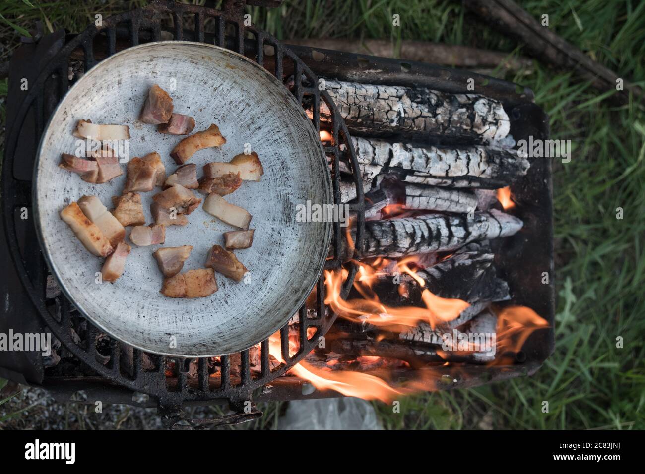 Fried pieces of lard in a pan, barbecue on the grass Stock Photo - Alamy