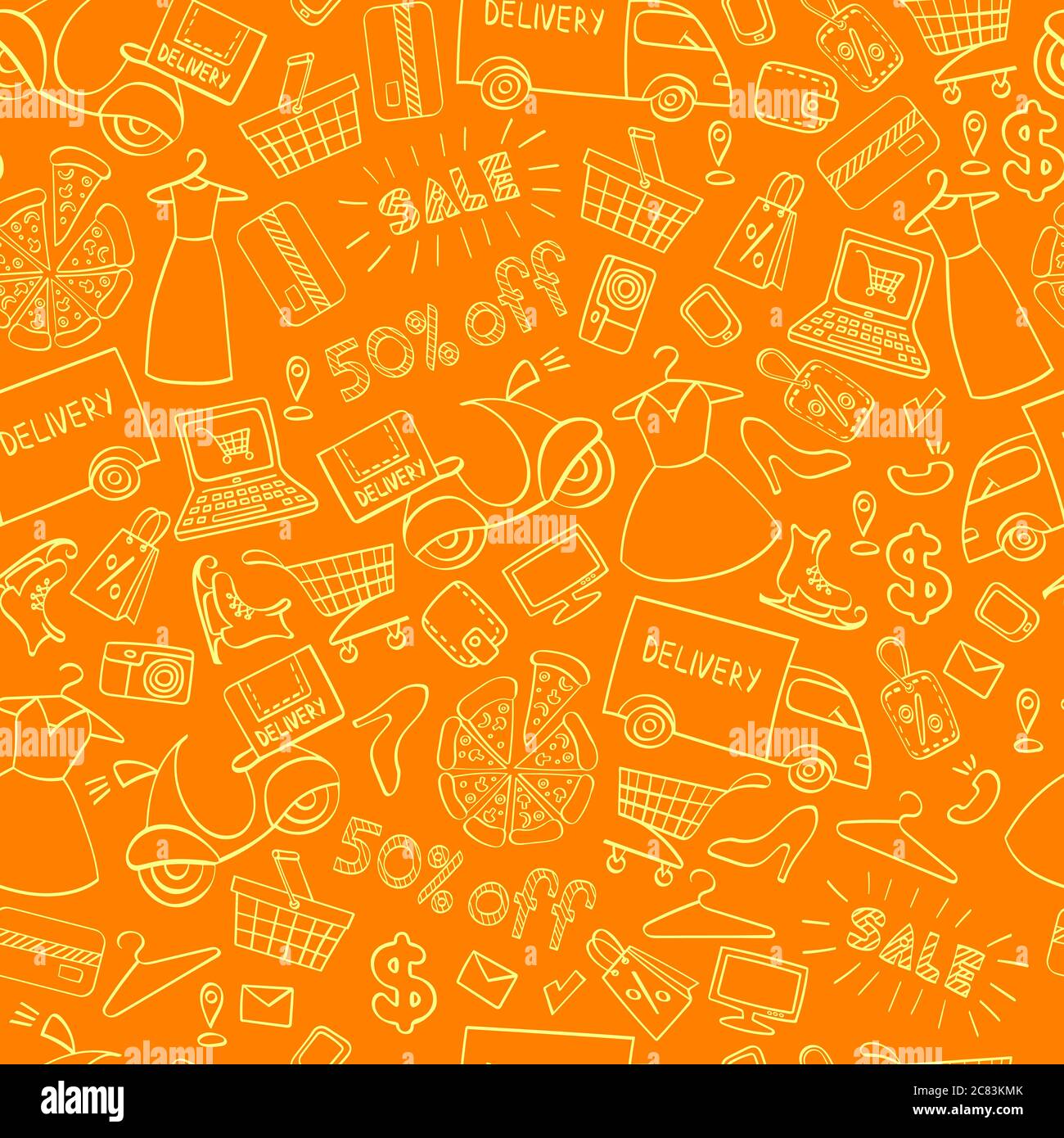 Online shopping seamless pattern. Hand drawn e-commerce objects ...