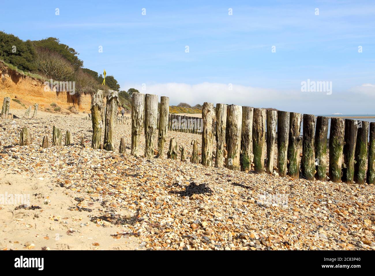 Pebble beach with worn defences. Lepe Country Park, Exbury, Southampton ...