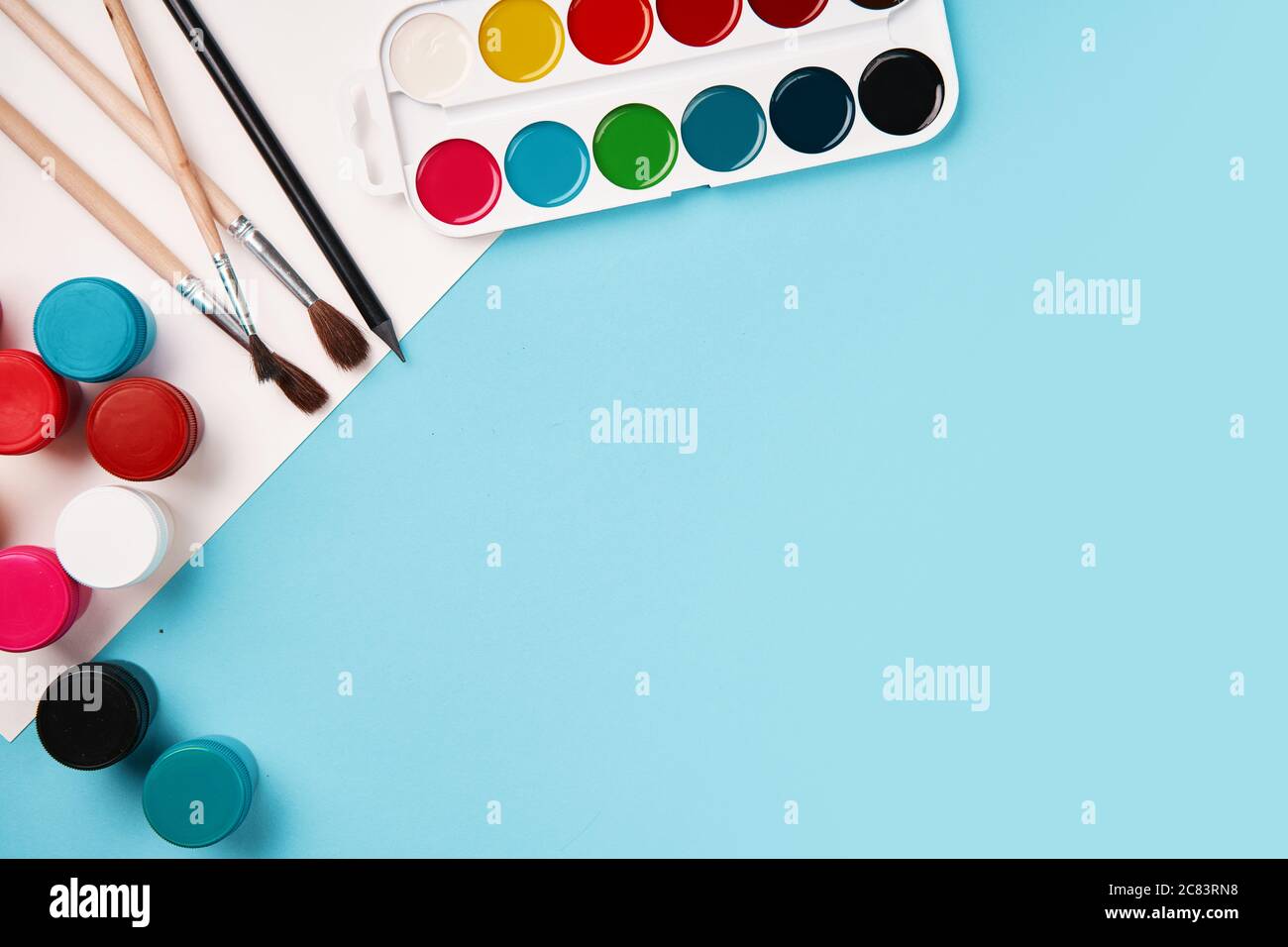 top view of paint and brush. school table top view. arts class Stock ...
