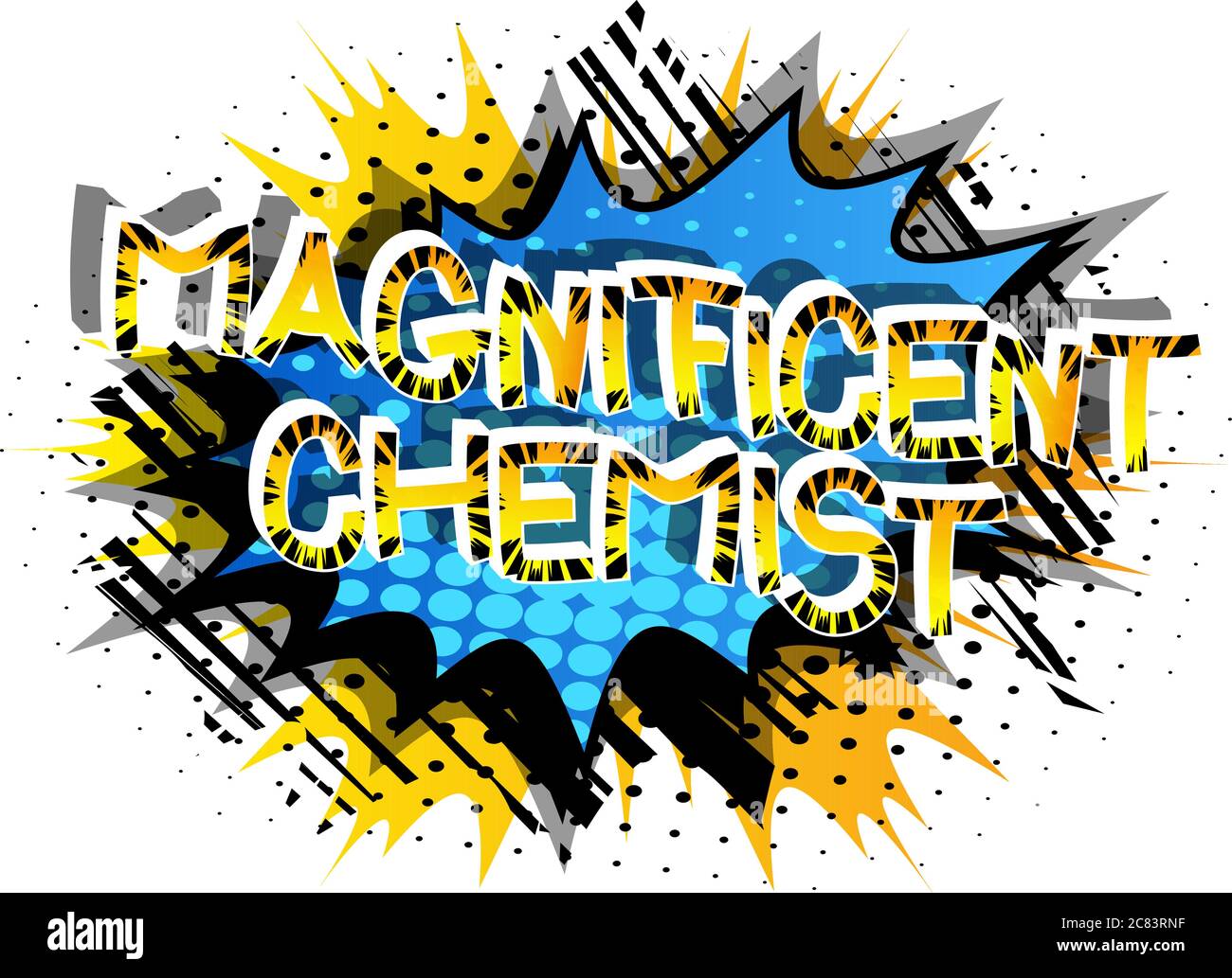 Magnificent Chemist Comic book style cartoon words. Text on abstract ...