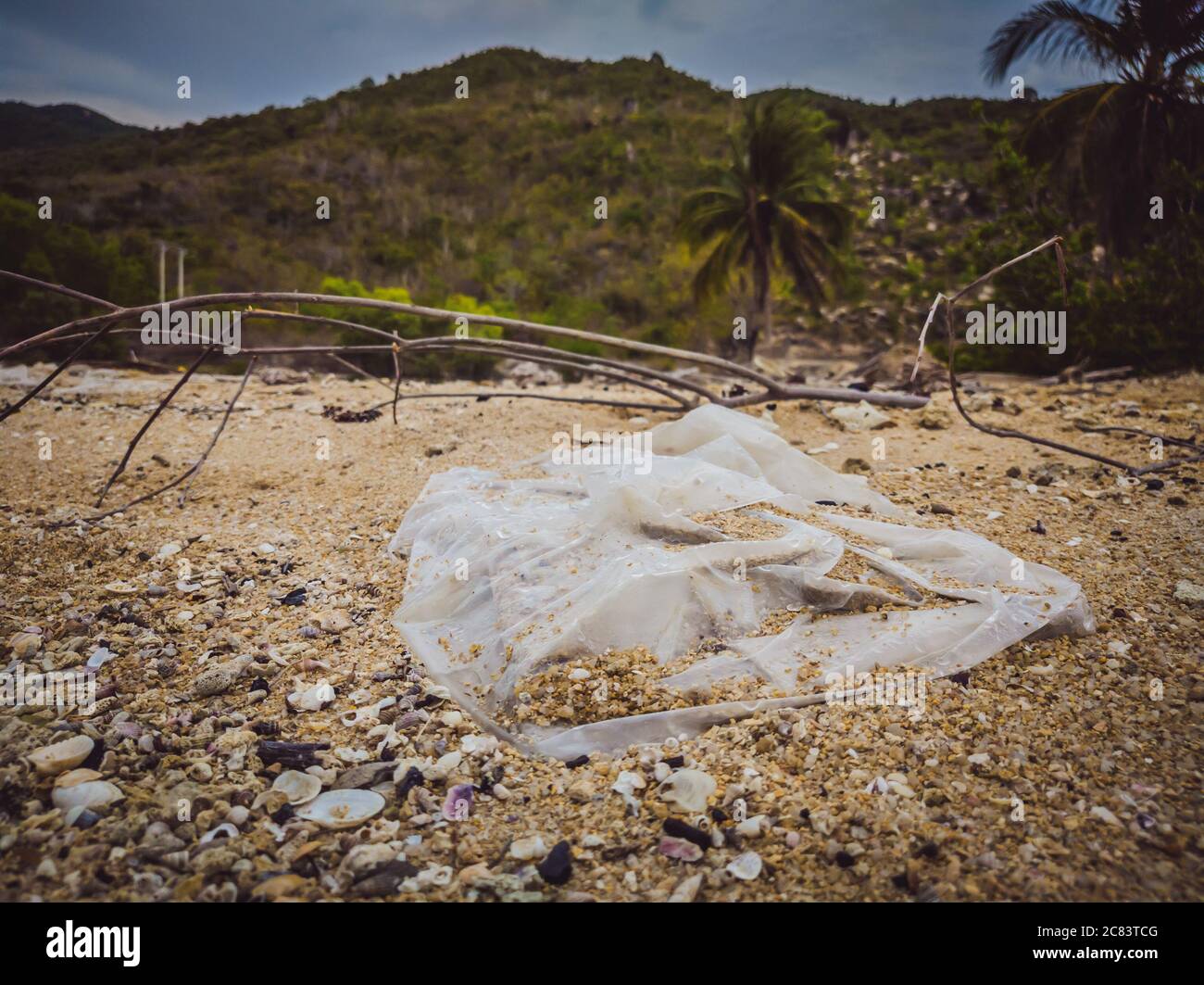 A lot of garbage scattered on the ground, waste near sea on the beach ...