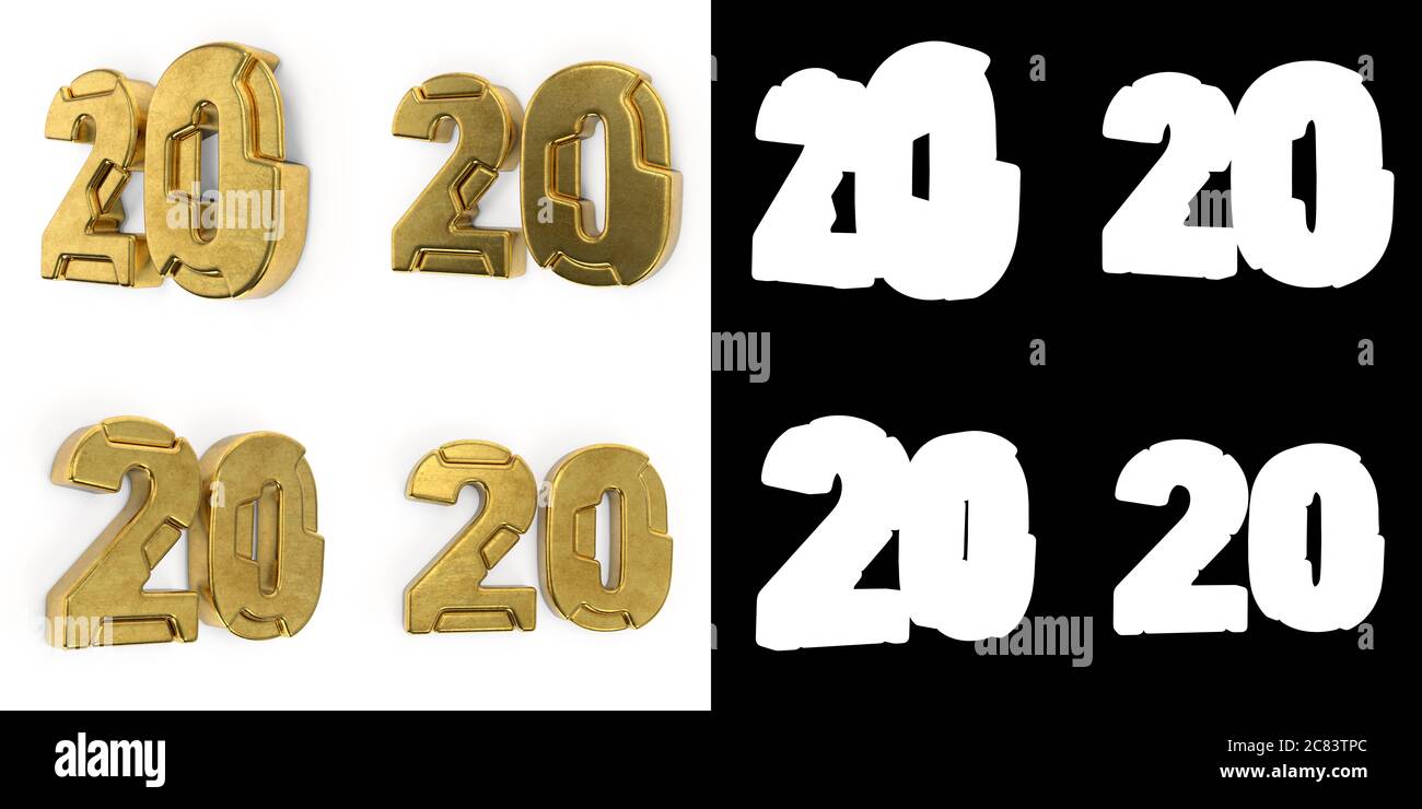 Set of golden number 20 (number twenty) left side view and right side ...