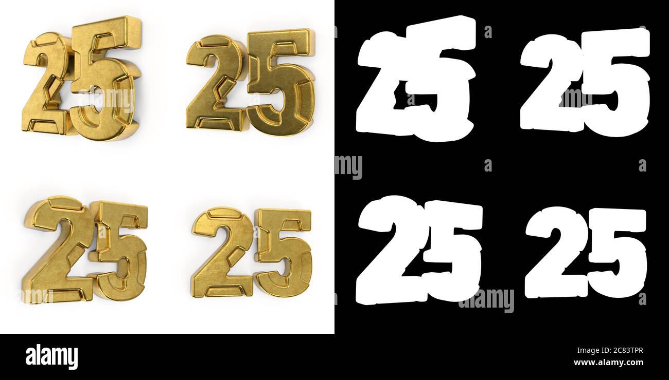 Set of golden number 25 (number twenty-five) left side view and right ...