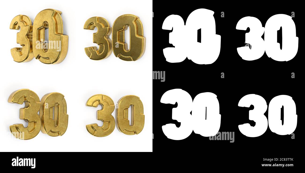 Set of golden number 30 (number thirty) left side view and right side ...