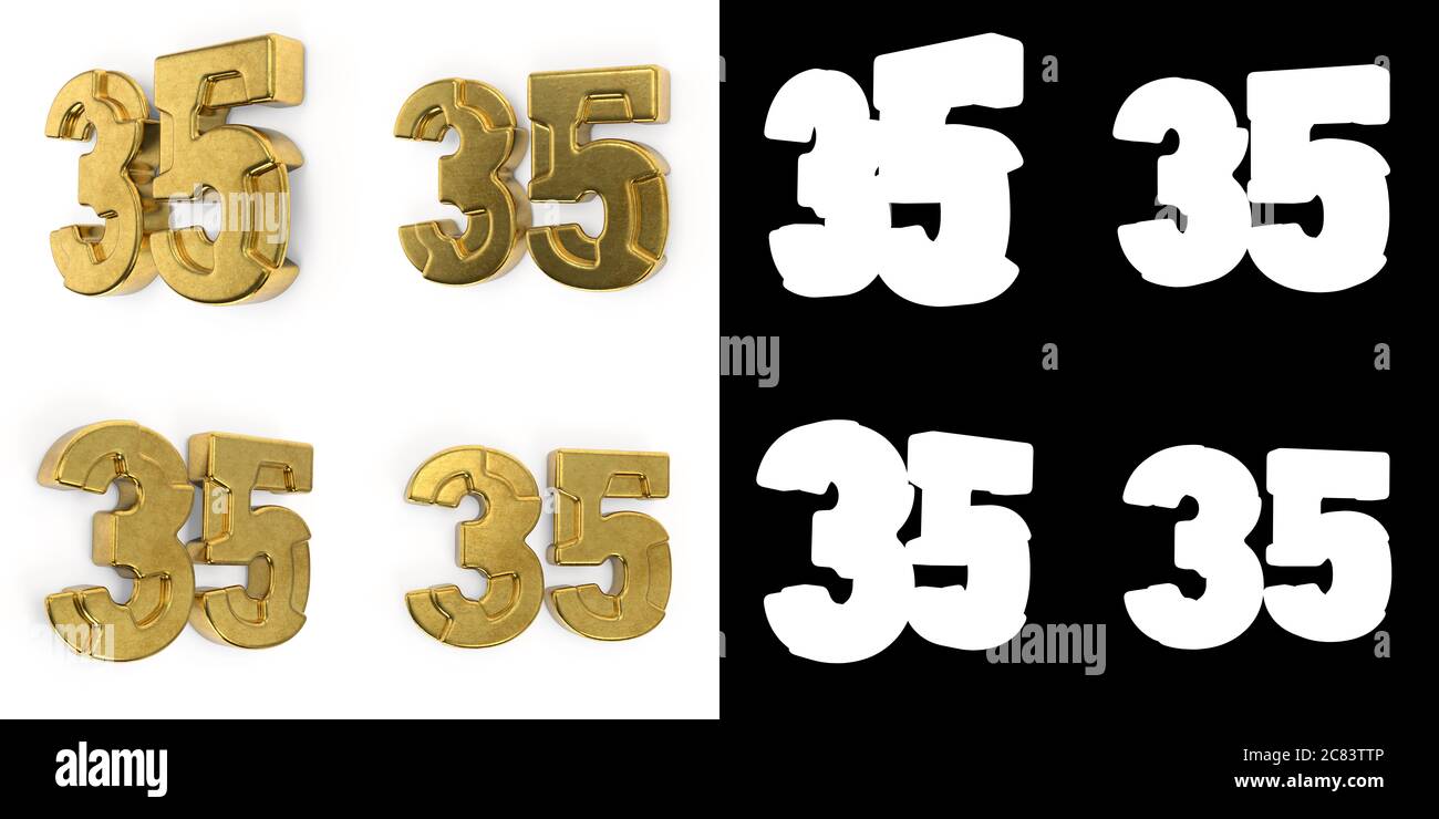 Set of golden number 35 (number thirty-five) left side view and right ...
