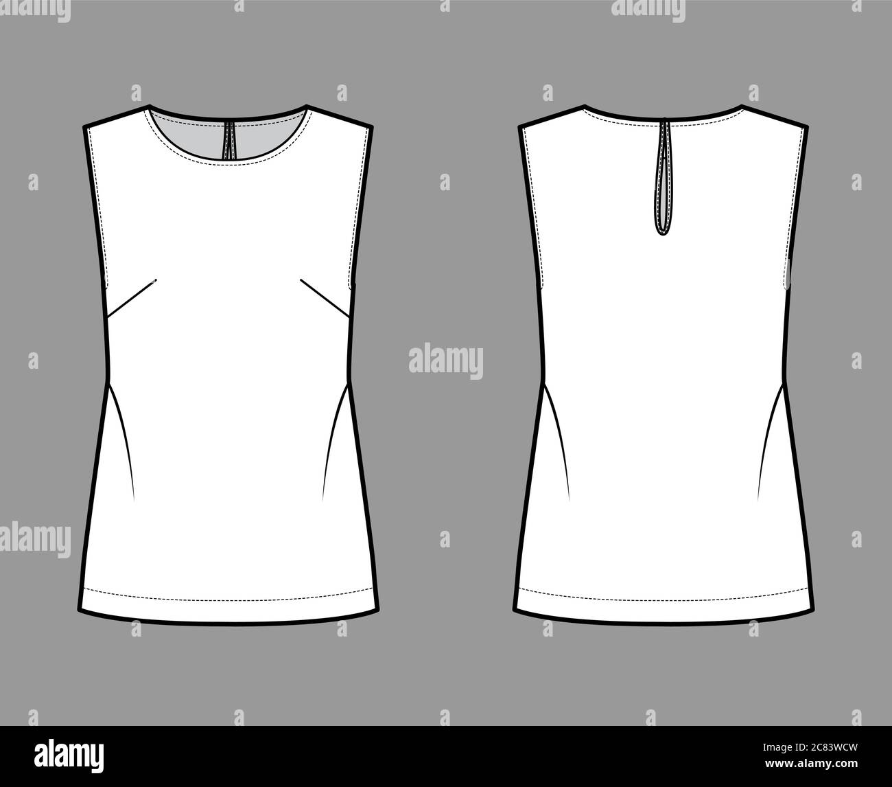 Sleeveless top technical fashion illustration with oversized body ...
