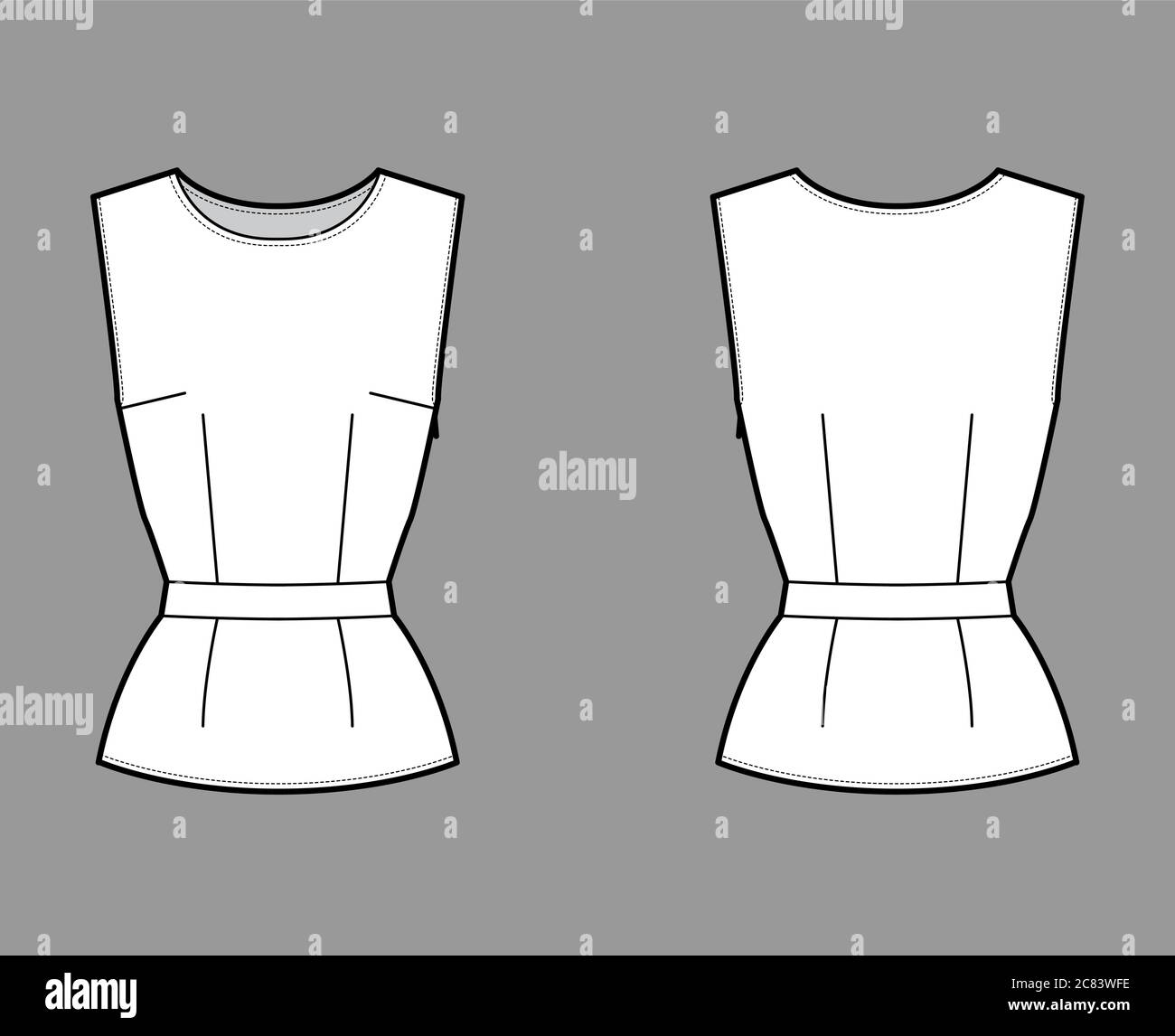 Belted top technical fashion illustration with round neck, sleeveless ...
