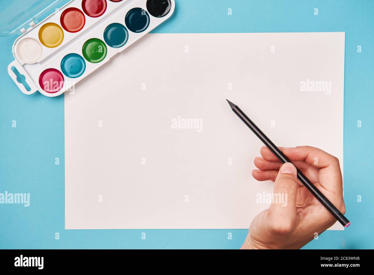 top view of paint and brush. canvas mock up. school table top view ...