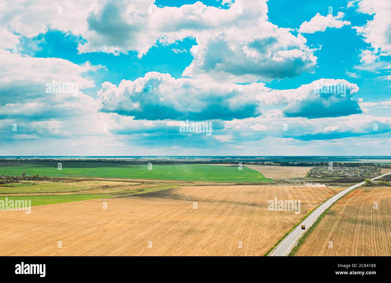 Aerial View. Sky With Clouds Above Countryside Rural Field And Road ...