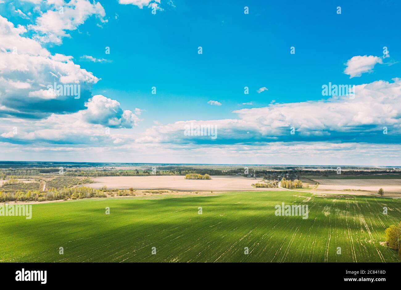Aerial View. Sky With Clouds Above Countryside Rural Field Landscape In ...