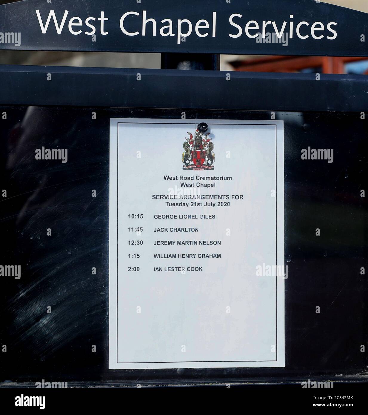 The West Chapel services notice board at West Road Crematorium and ...