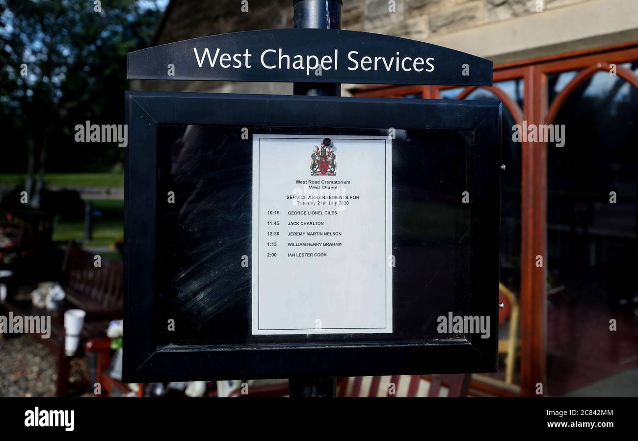 The West Chapel services notice board at West Road Crematorium and ...
