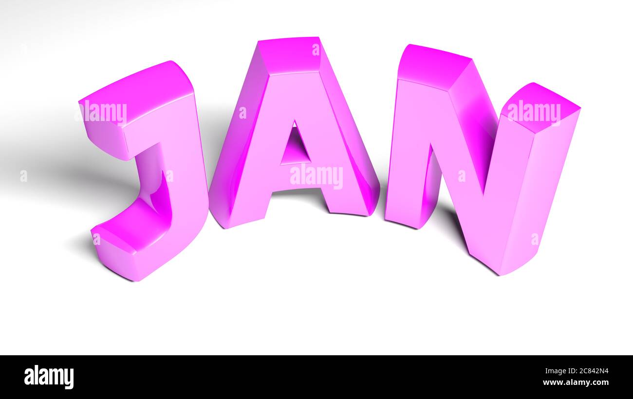 JAN for january, pink on white background - 3D rendering illustration ...