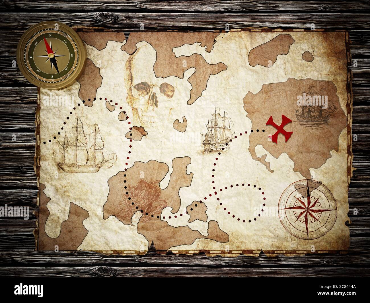 Treasure map and vintage compass standing on old wood table. 3D ...