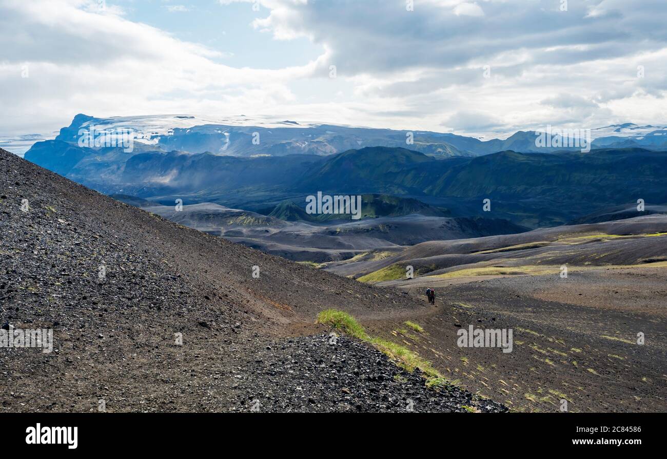 Icelandic lava desert landscape with Tindfjallajokull glacier and two ...