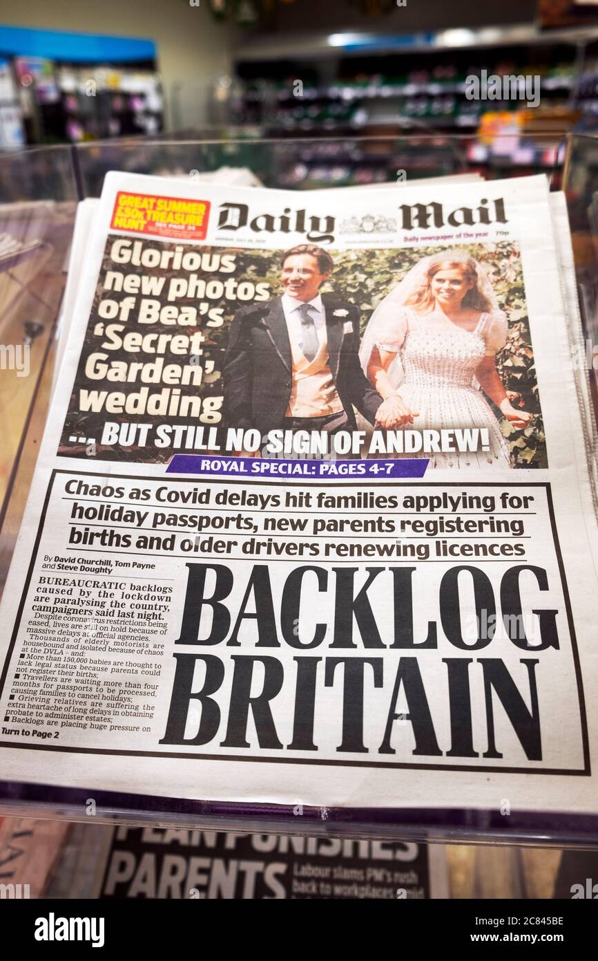 Daily Mail newspaper headline "Backlog Britain Chaos as Covid delays ...