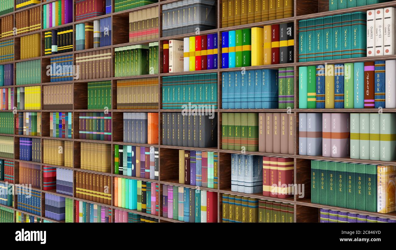3D illustration. Library on the first floor. Numerous books are lined ...