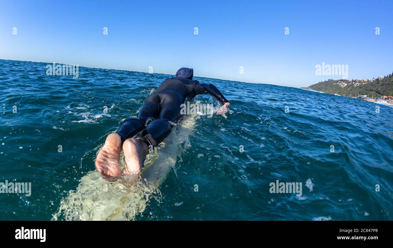 Surfing Surfer paddling ocean sea waters back to wave peak swimming ...