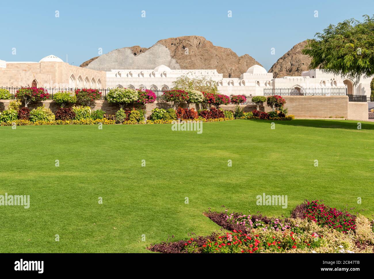 Muscat, Oman - February 10, 2020: Flowered garden of the Al Alam Palace ...