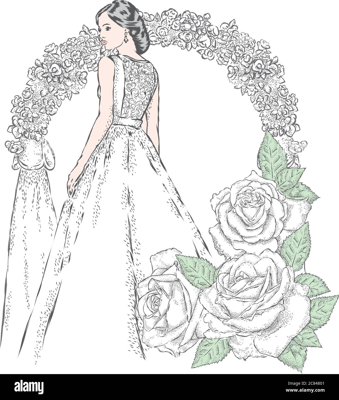 Beautiful bride near the wedding arch and beautiful roses. Vector ...