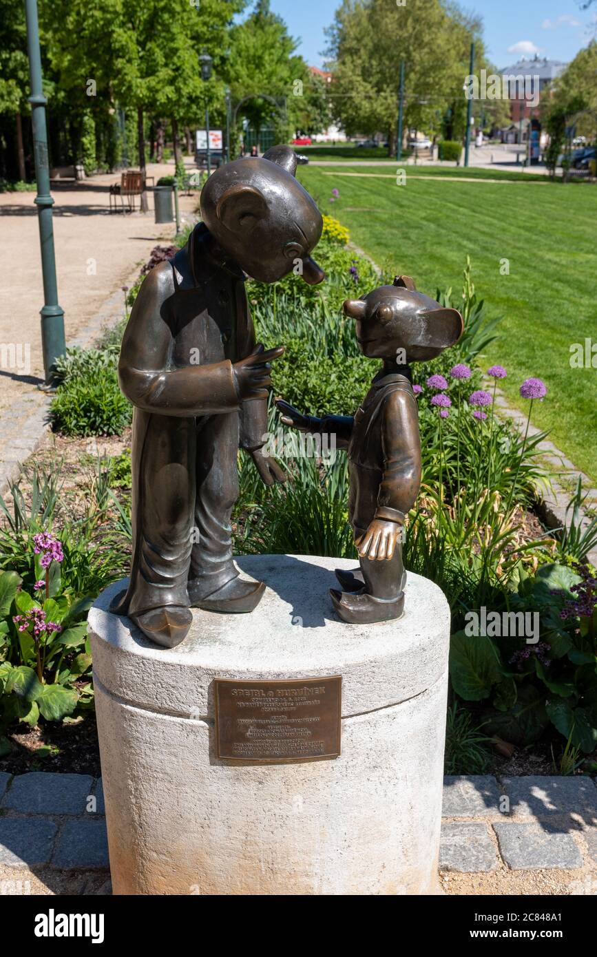 Pilsen, Czech Republic, 05/13/2019: bronze statues of Spejbl and ...
