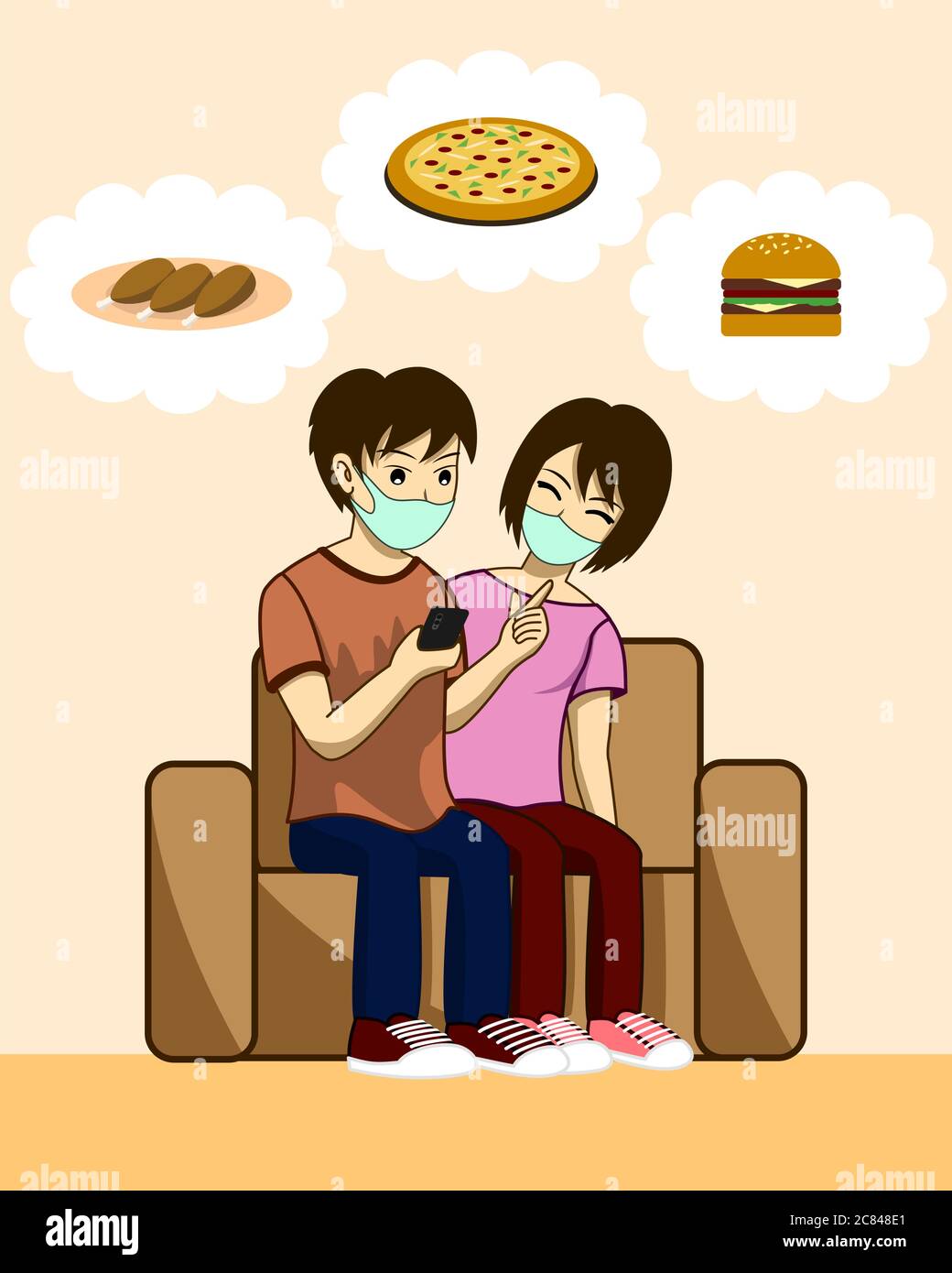 The husband and wife are ordering food with a mobile phone to eat at ...
