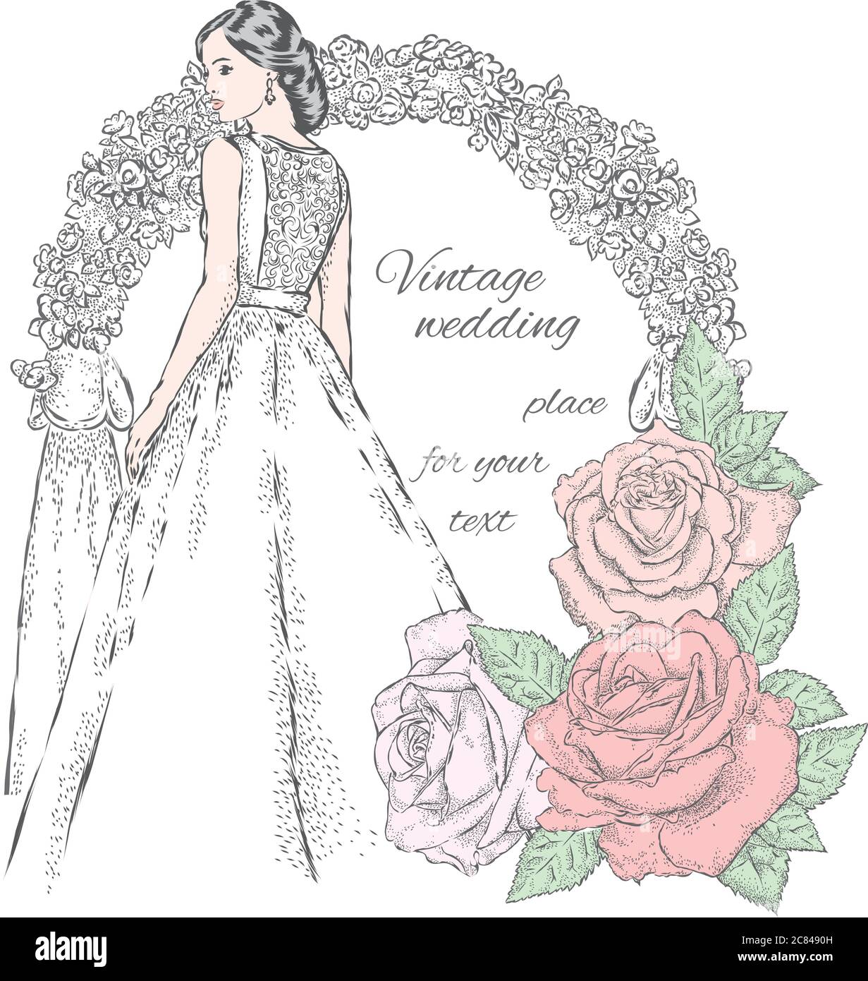Beautiful bride near the wedding arch and beautiful roses. Vector ...