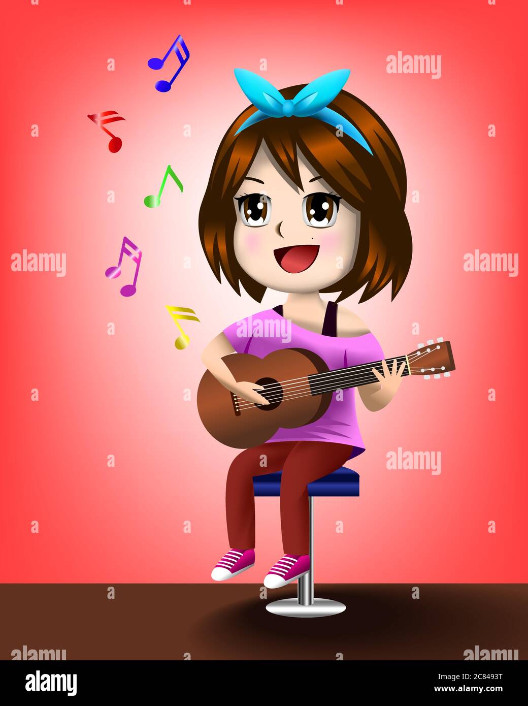 Cute Cartoon Girl With Guitar