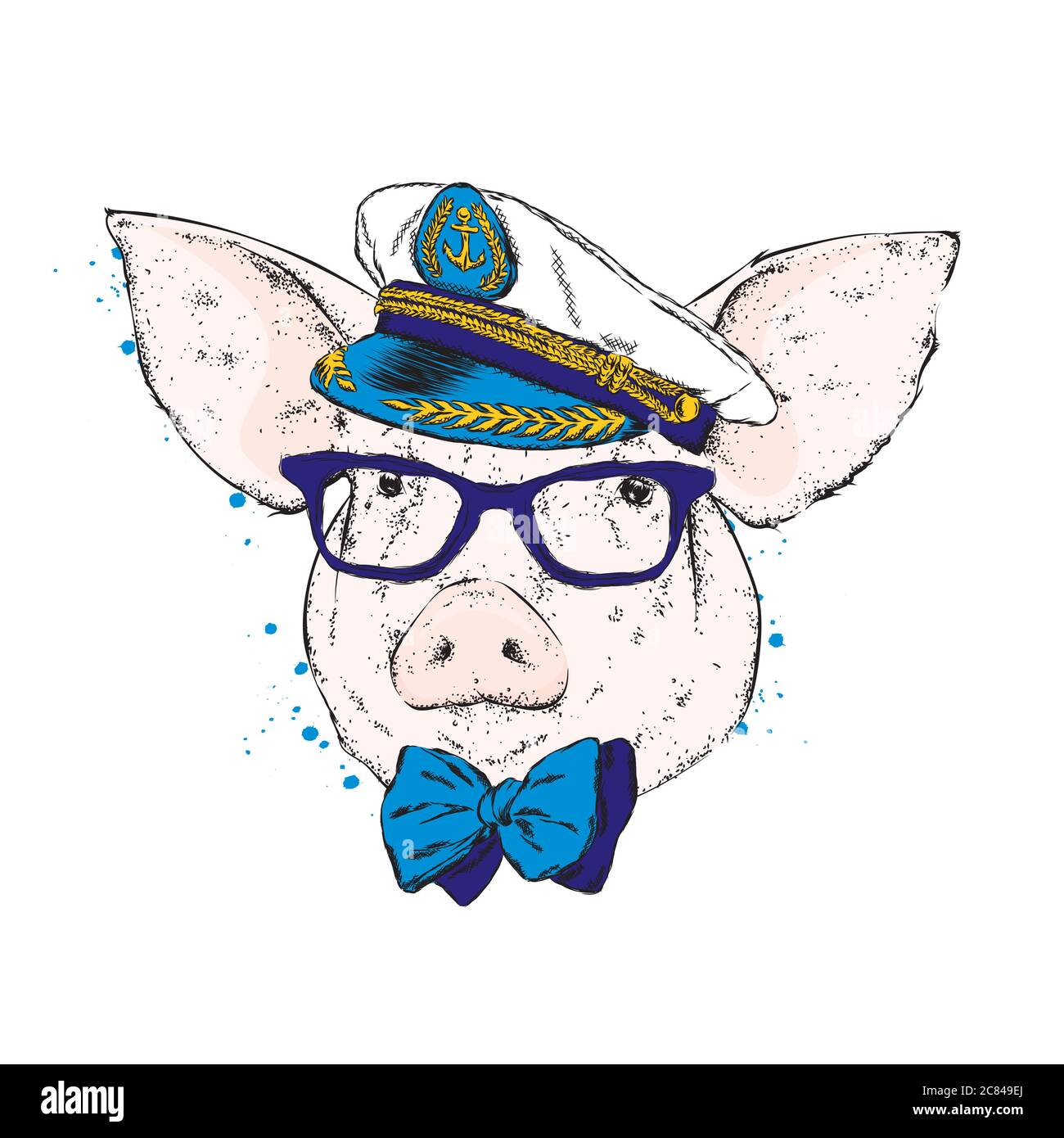 A pig in a sailor's cap, glasses and a tie. Captain of the ship. Vector ...