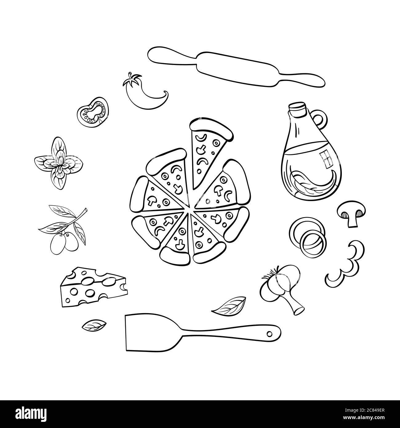 Pizza with ingredients hand drawn set. Doodle food isolated on white ...