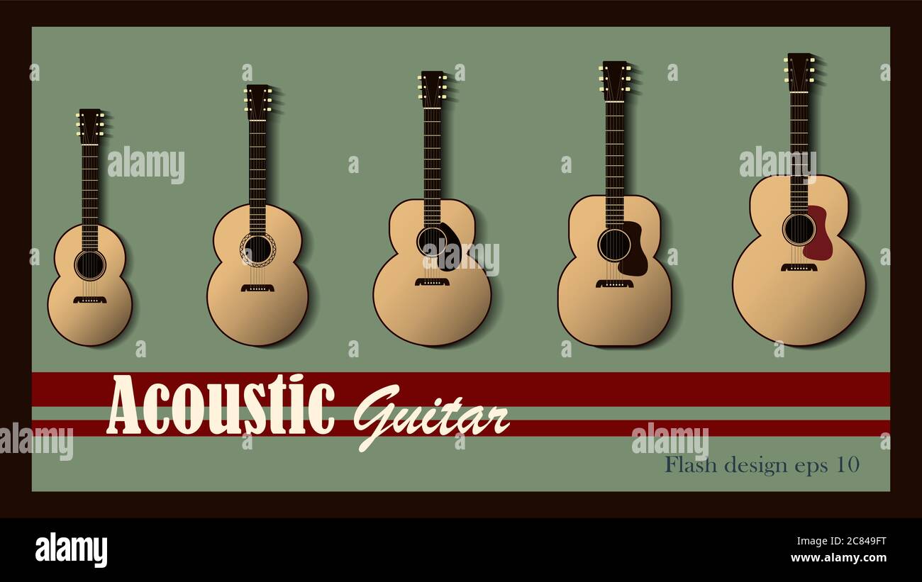 Vector illustration of 5 different acoustic guitars with vintage style ...