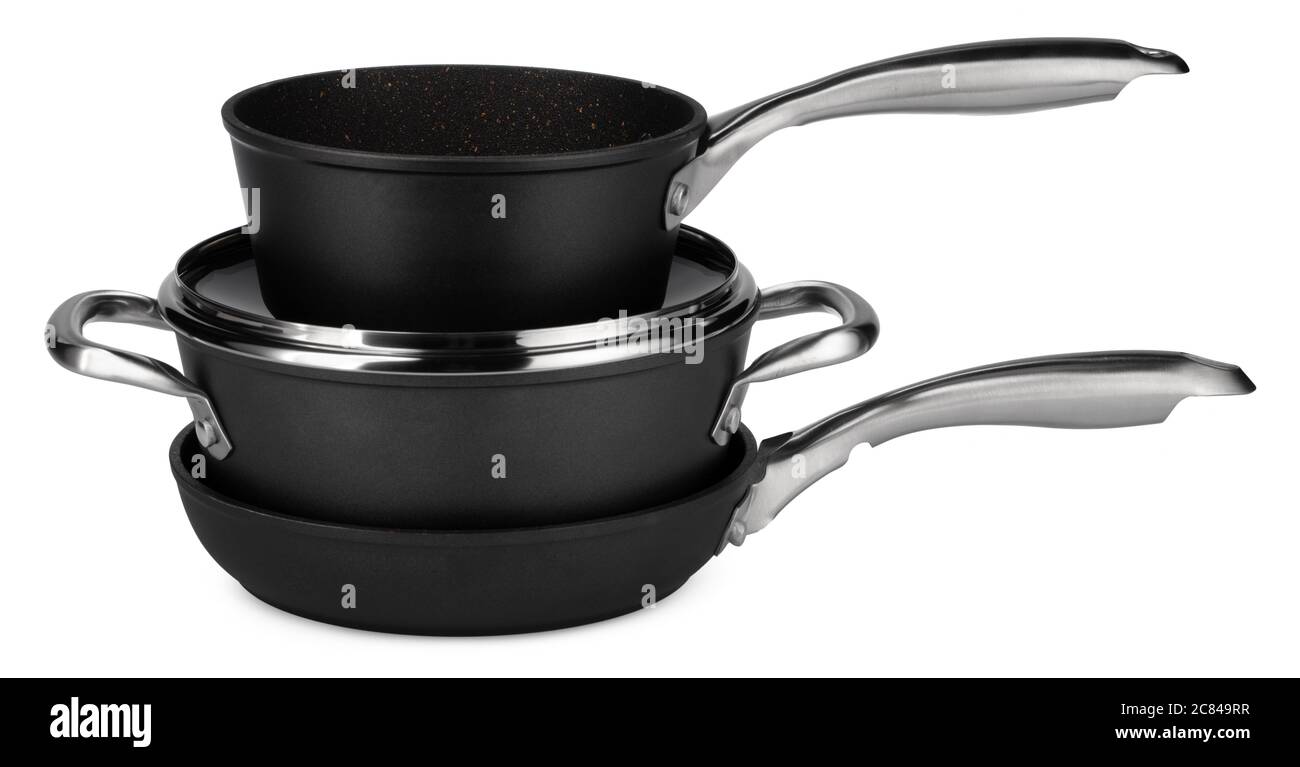 New set of black cookware isolated on white Stock Photo - Alamy