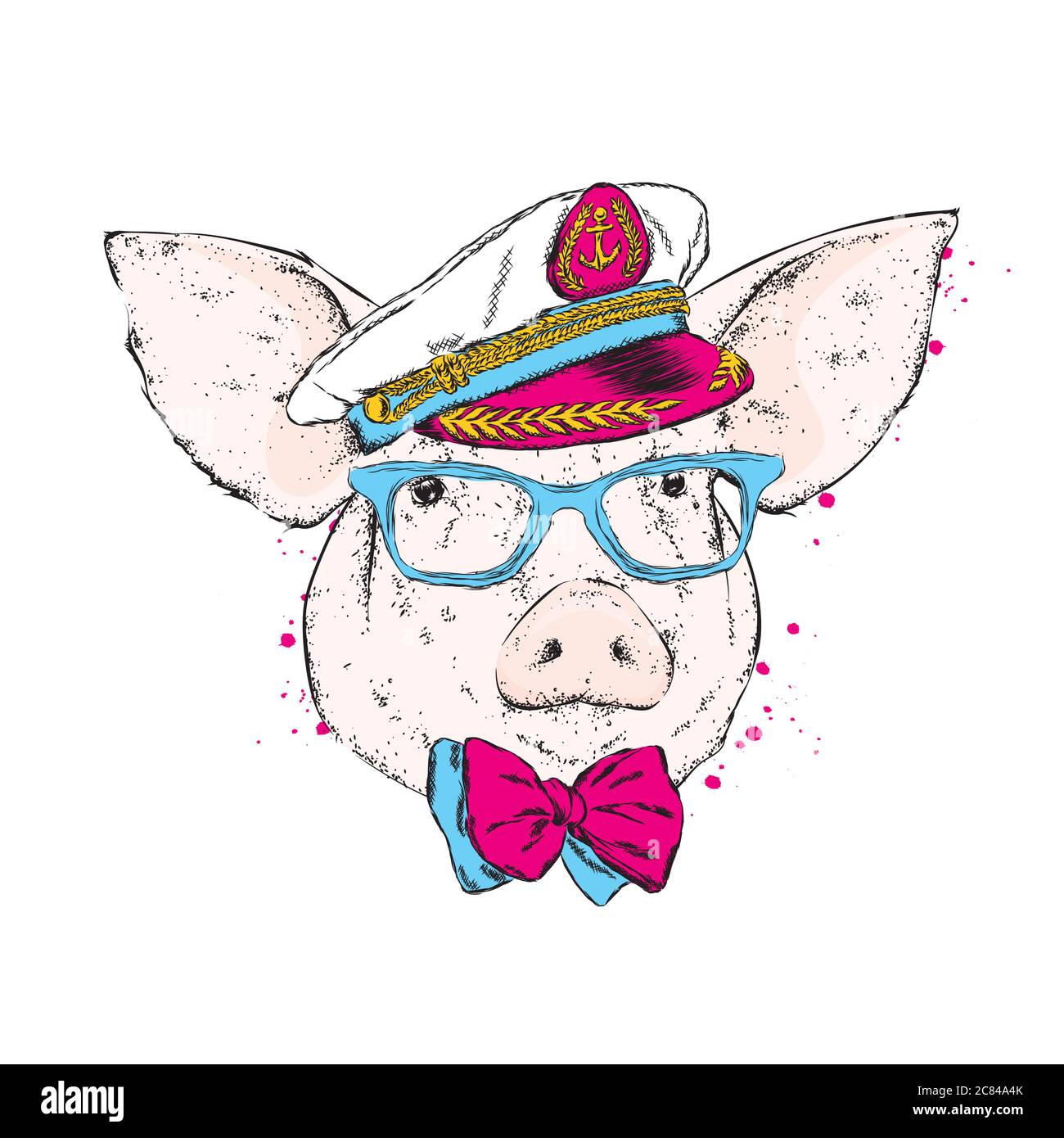 A pig in a sailor's cap, glasses and a tie. Captain of the ship. Vector ...