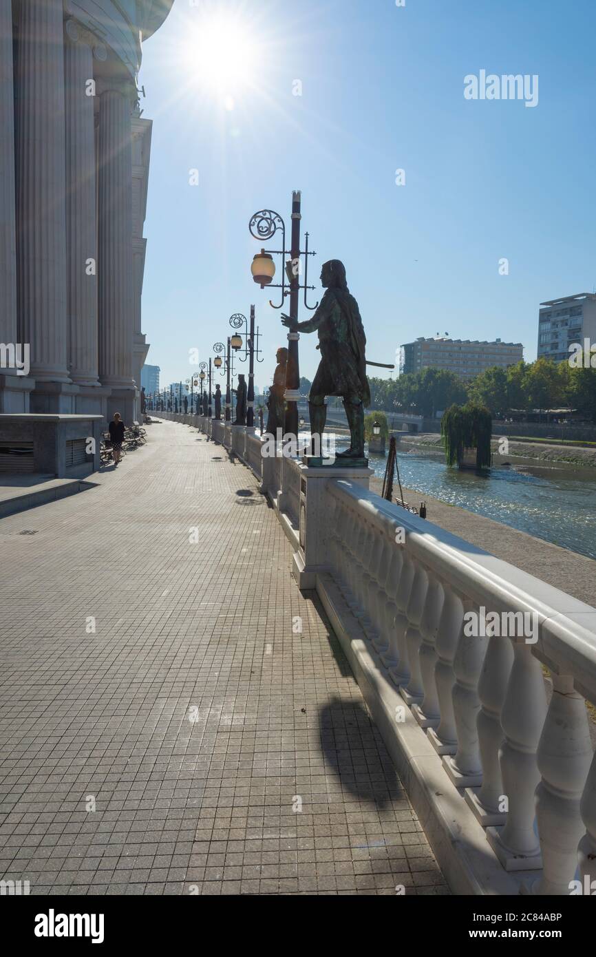 Long Walking Path With Statues of Famous People Along Vardar River in ...