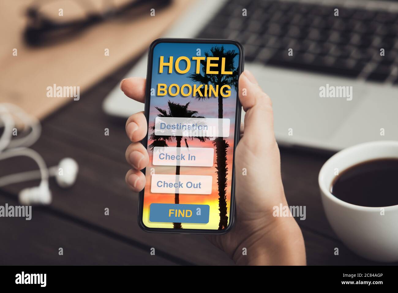 Female hand holding mobile phone with booking application Stock Photo ...